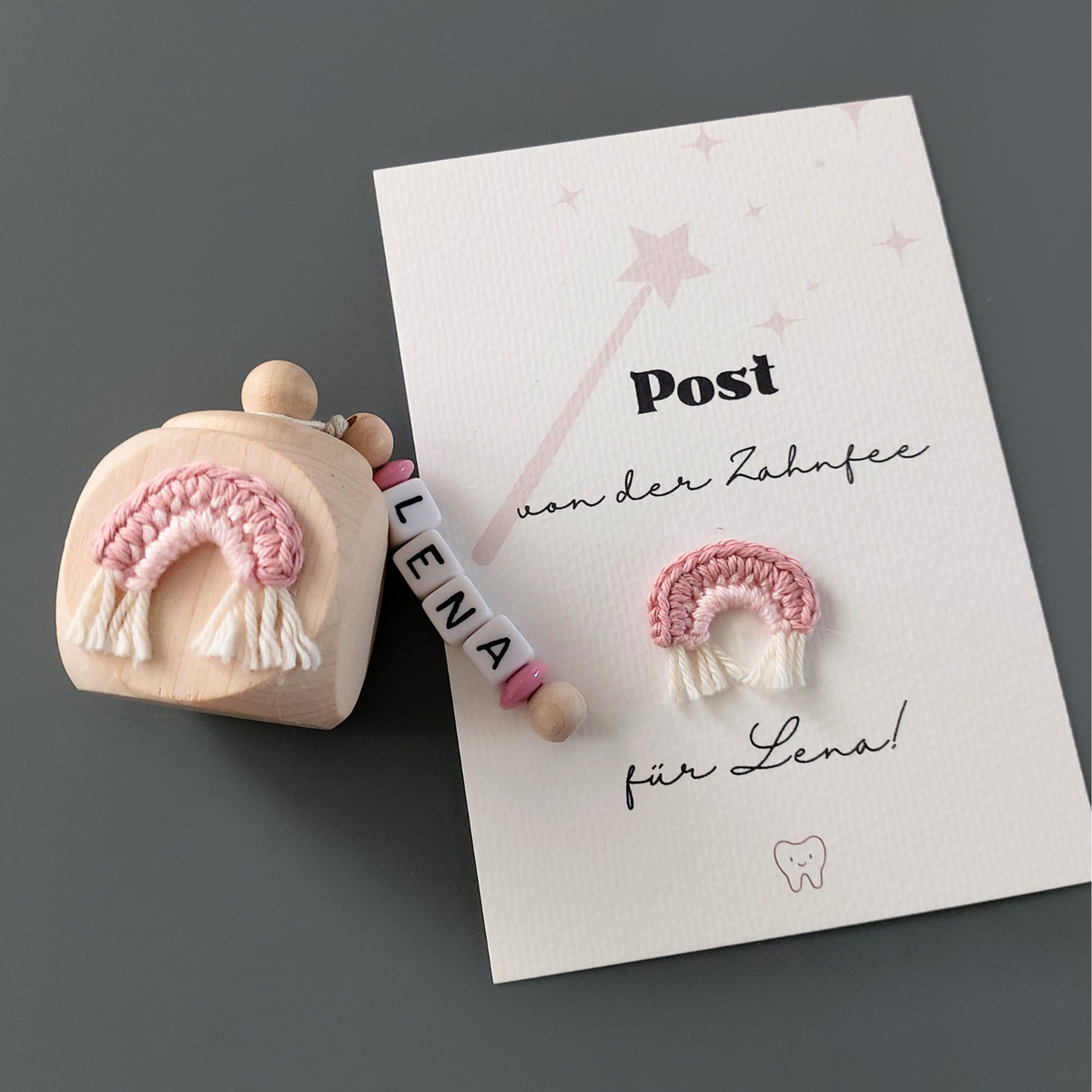 Karte von Zahnfee mit Name - Regenbogen in rosa – handmadebyvieri